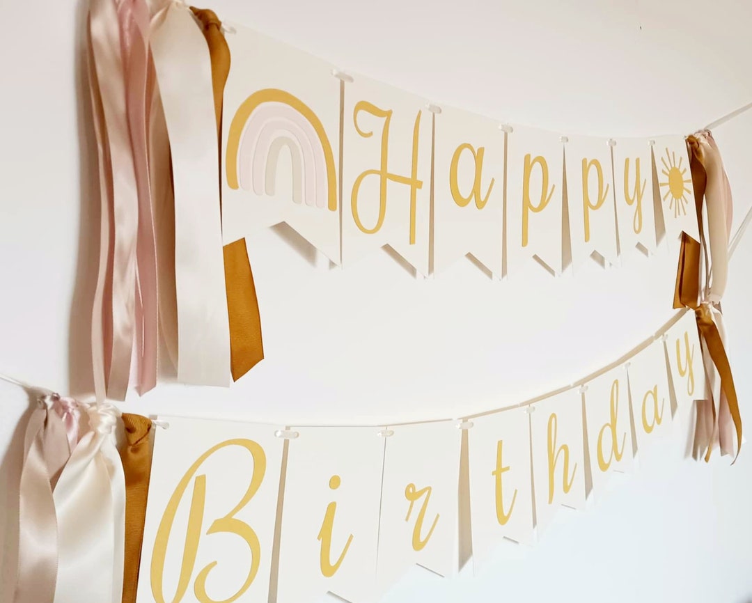 Neutral Rainbow and Sun Happy Birthday Banner, Happy Birthday Banner ...