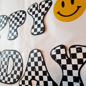 Checkered Retro Happy Birthday Banner, Checkered Backdrop, Smiley Face ...