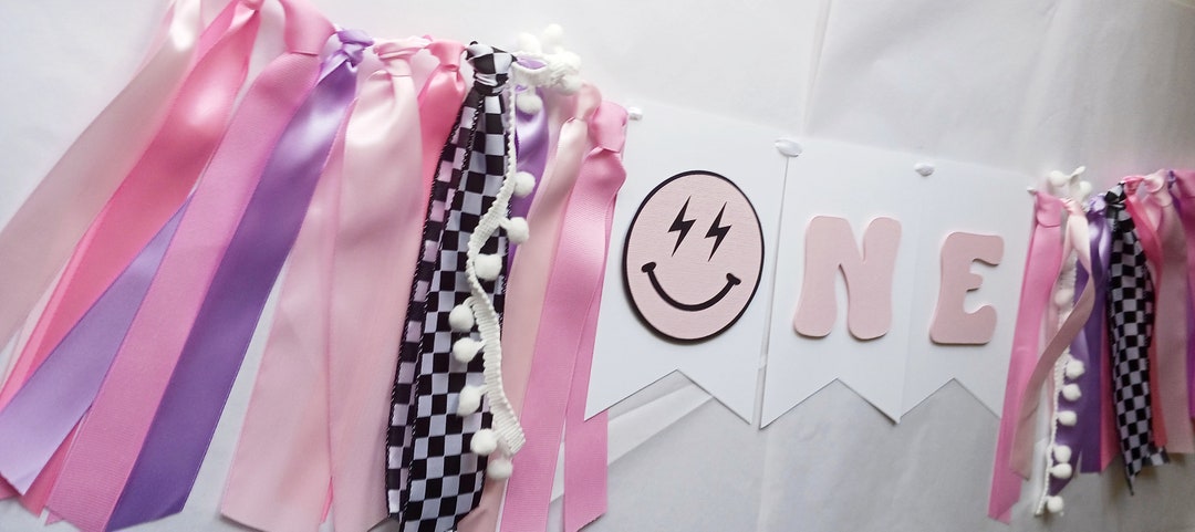 Pink and Purple Smiley Face Banner, One Happy Girl High Chair Banner ...