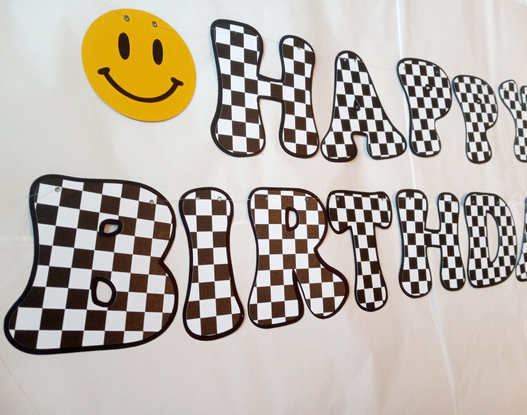 Checkered Retro Happy Birthday Banner, Checkered Backdrop, Smiley Face ...