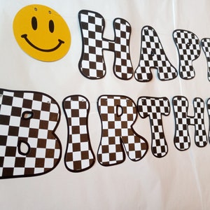 Checkered Retro Happy Birthday Banner, Checkered Backdrop, Smiley Face ...