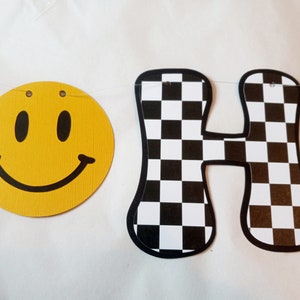Checkered Retro Happy Birthday Banner, Checkered Backdrop, Smiley Face ...