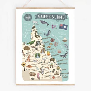 Queensland Map Print | Illustrated Australia Travel Poster | Cute QLD ...