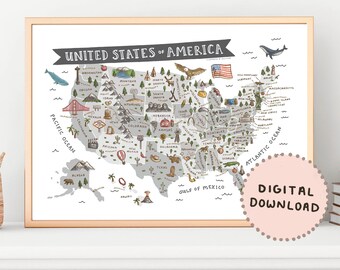 USA Illustrated Map Digital Download - Etsy UK