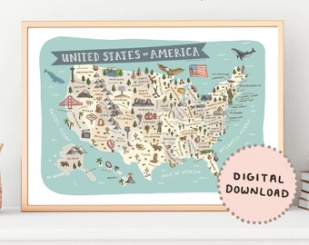 USA Illustrated Map Digital Download - Etsy