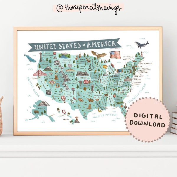 Map of Usa With Landmarks for Coloring - Etsy