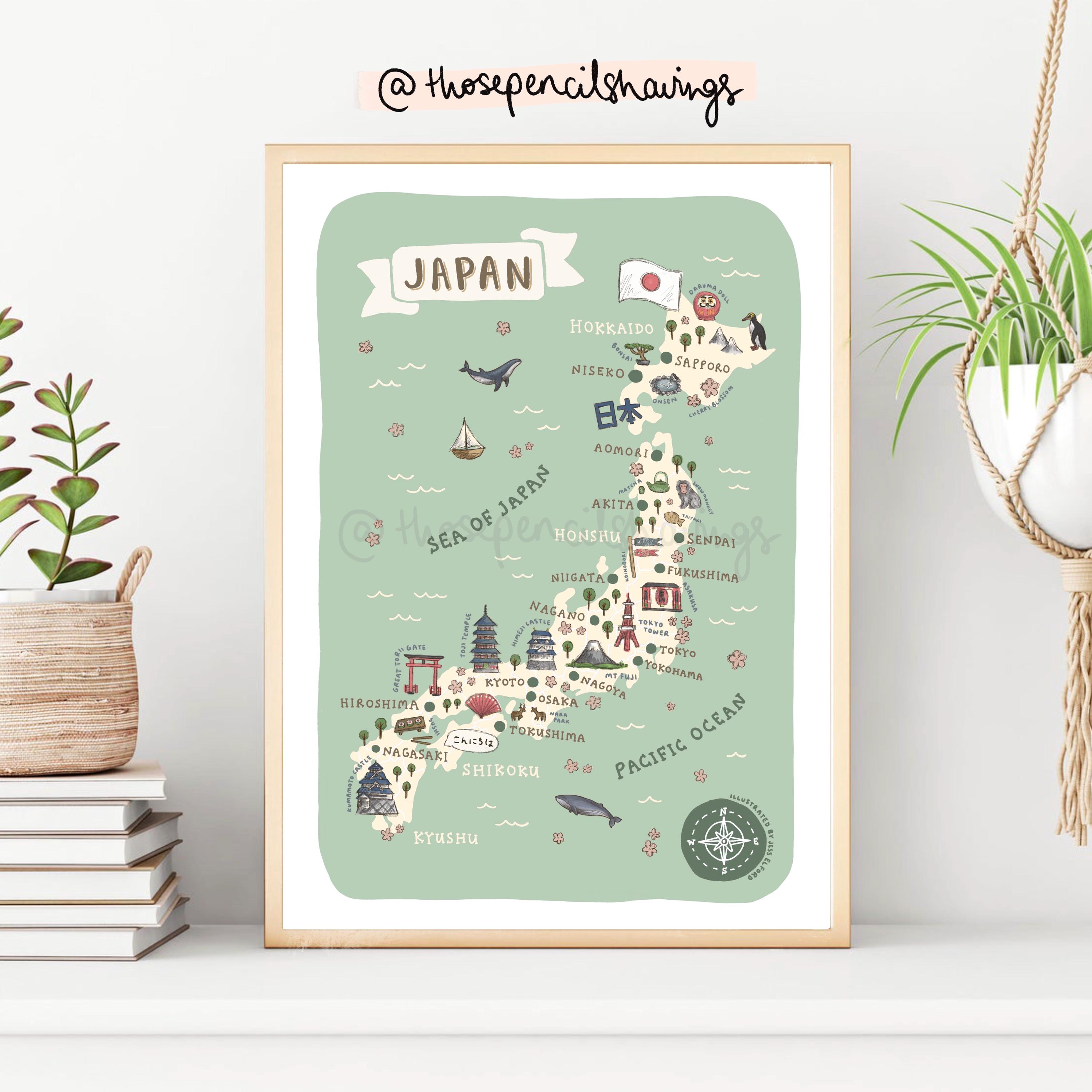 Japan Travel Map Poster: Illustrated Japanese Landmarks Art Print - Etsy