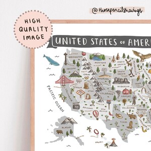 DIGITAL DOWNLOAD Map of United States of America Illustrated USA ...