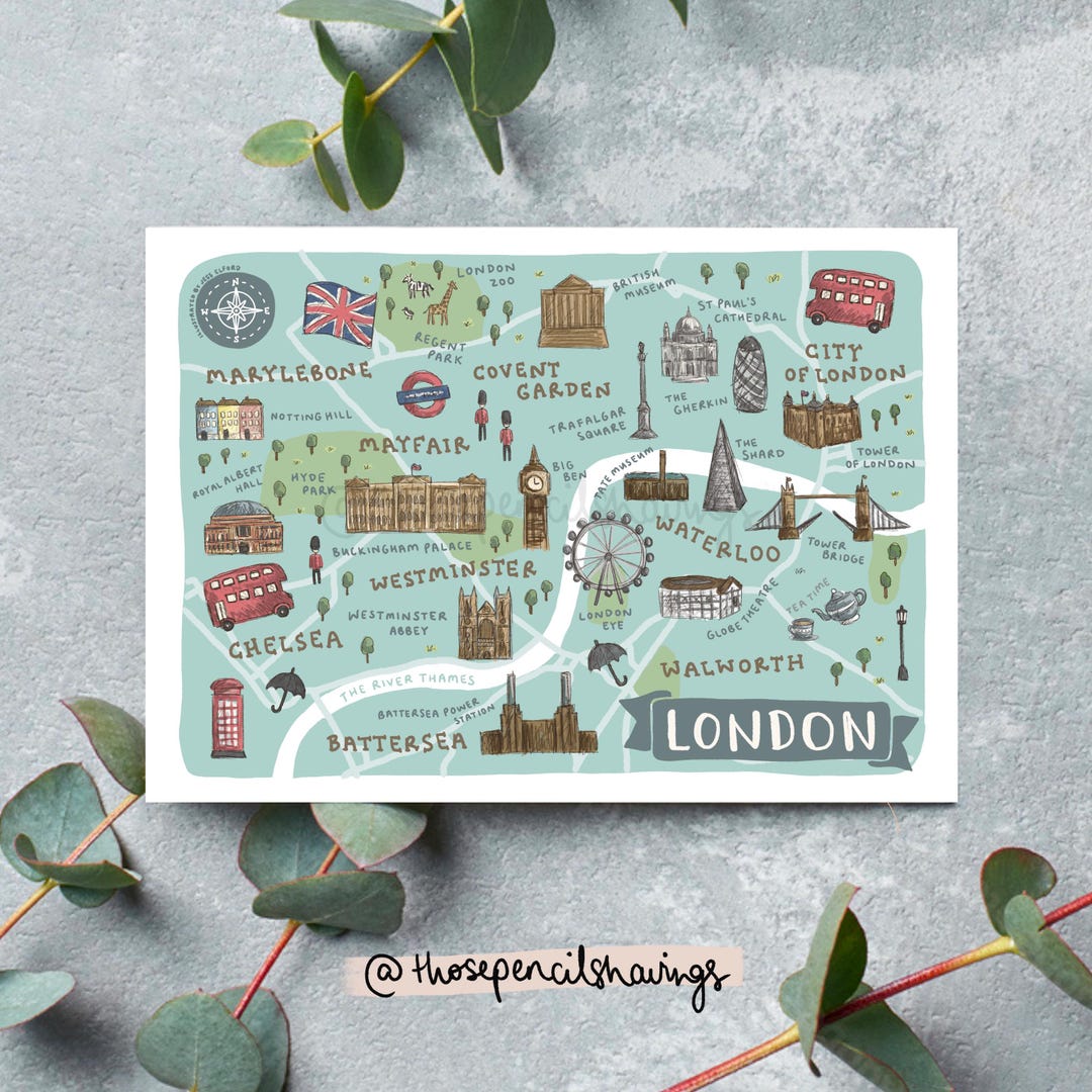 London Map Postcard | Illustrated British Travel Print | Cute Landmarks ...