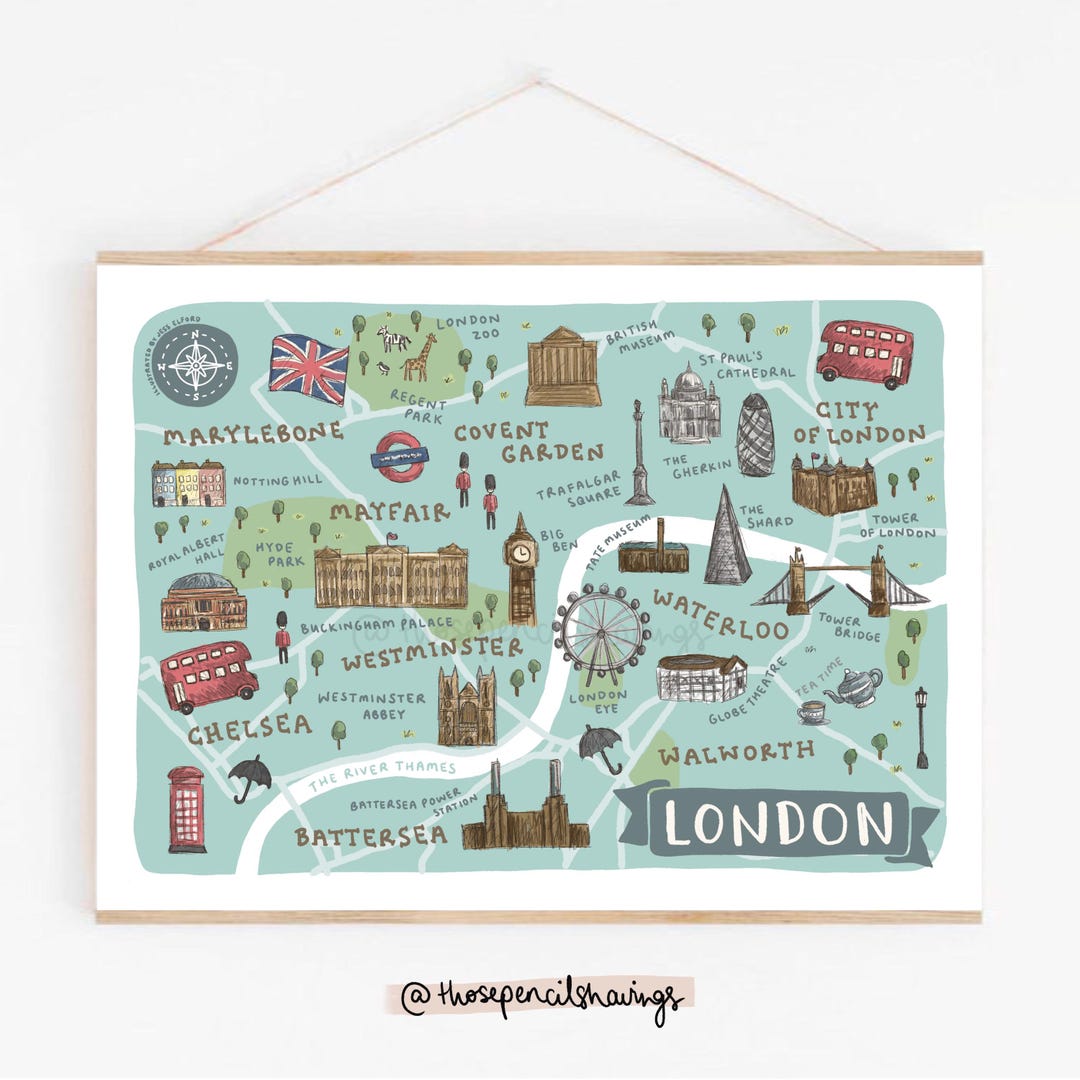 London Map Art Print | Illustrated England Travel Poster | Cute British Landmarks | Wanderlust ...