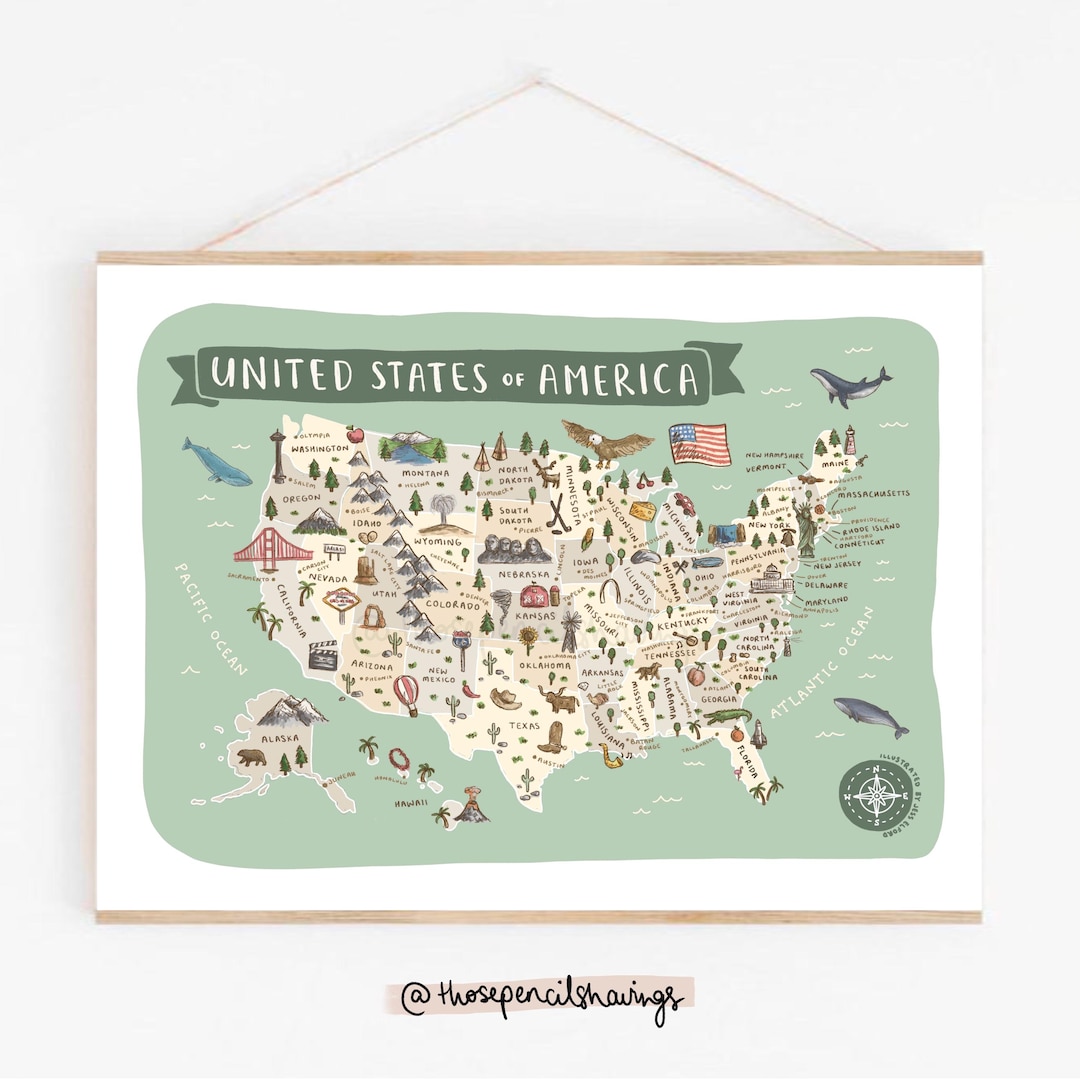 USA Map Print | Illustrated Landmarks & Animals, Travel Gift - Etsy