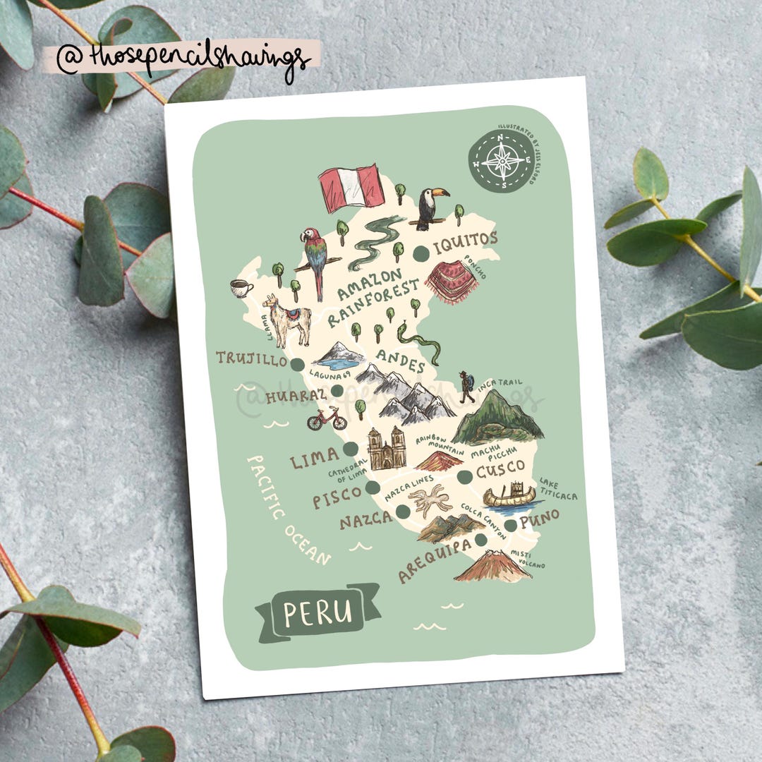 Peru Map Postcard | Illustrated South America Travel Print | Cute ...