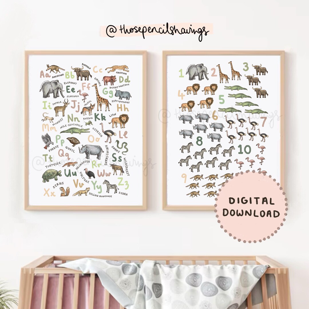 DIGITAL DOWNLOAD | Set of 2 Safari Animals Alphabet and Numbers Prints ...