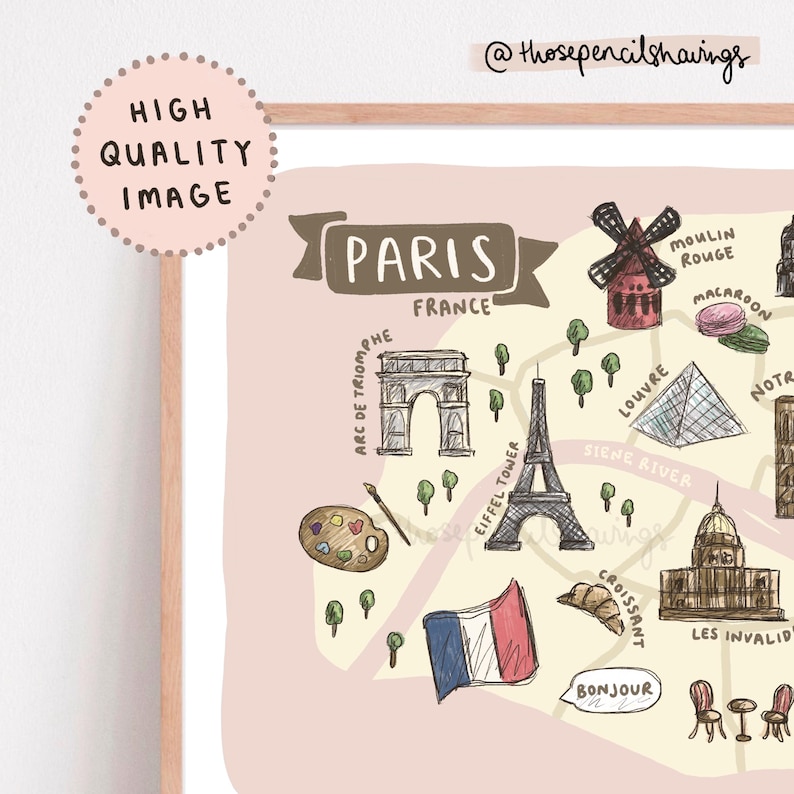 Paris Map Print: Illustrated Landmarks Travel Poster (digital Download ...