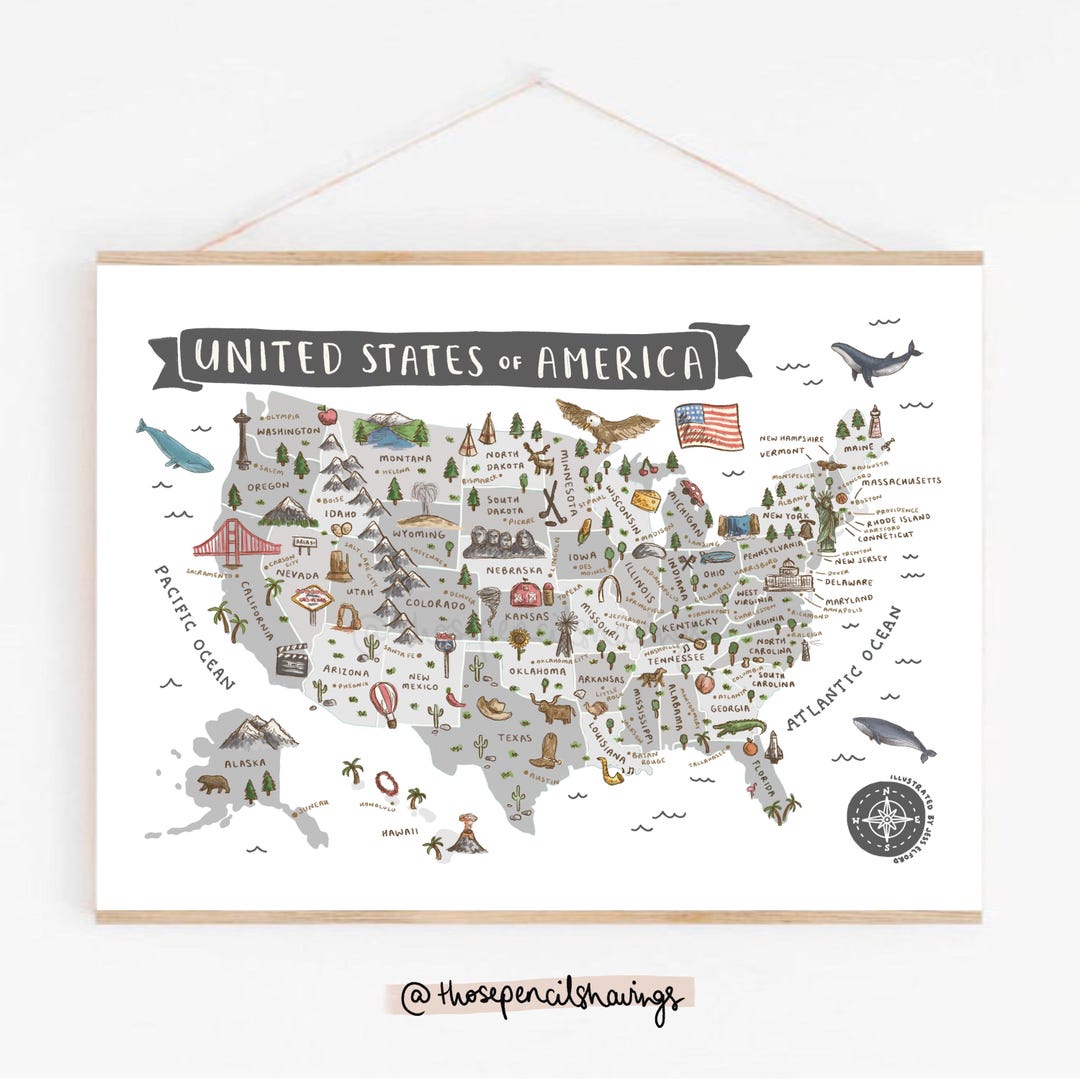 USA Map Print | Illustrated Landmarks & Animals, Travel Art - Etsy