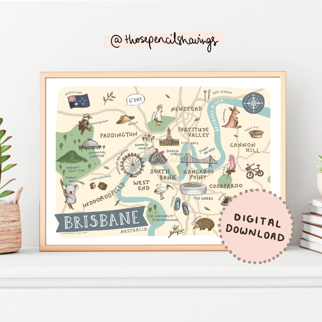 Map of Brisbane Illustrated Australian Landmarks Print Aussie Travel ...