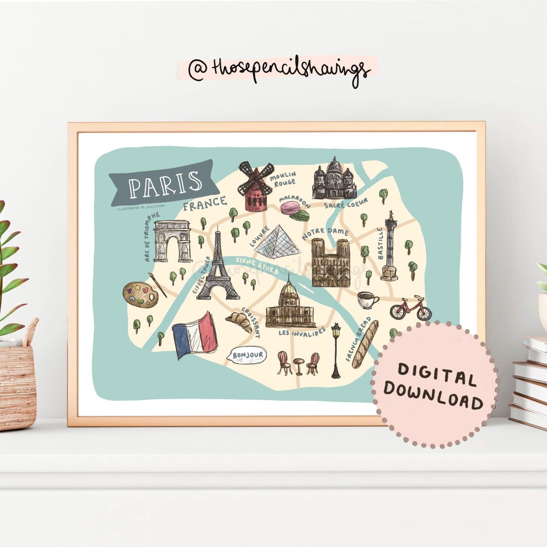 DIGITAL DOWNLOAD Map of Paris Illustrated France Landmarks Print French ...