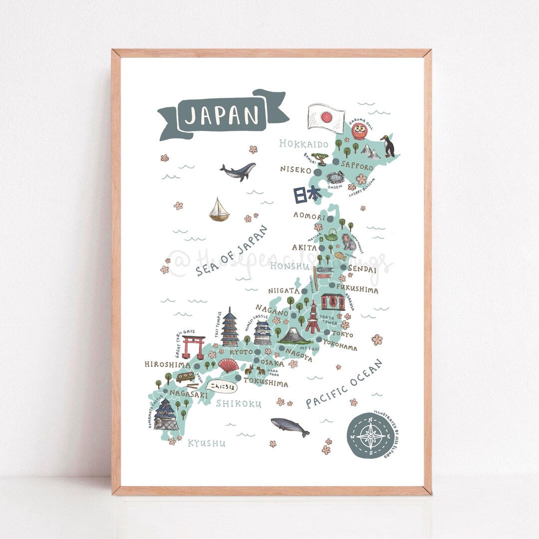 Japan Travel Map Poster: Illustrated Japanese Landmarks Art Print - Etsy