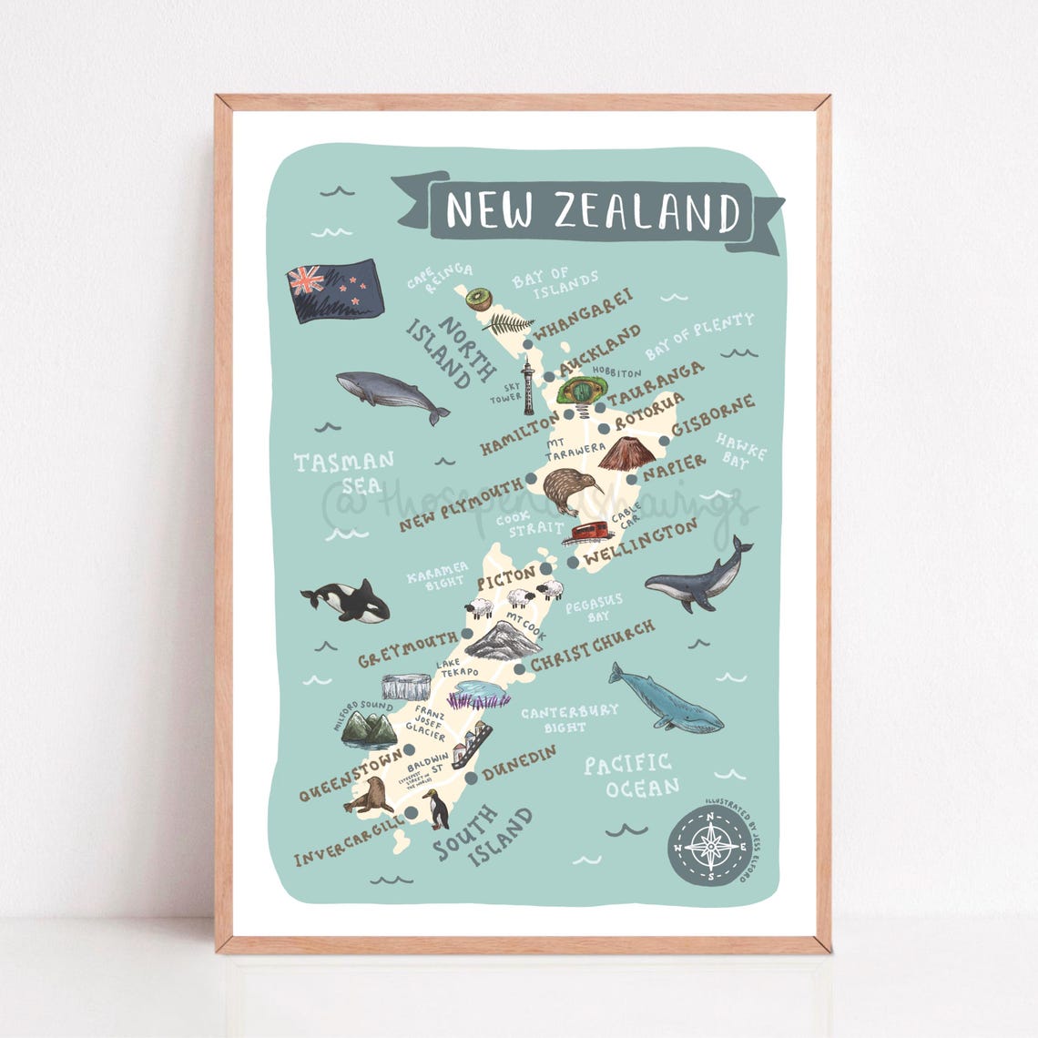 New Zealand Map Print: Illustrated NZ Landmarks & Animals (digital ...