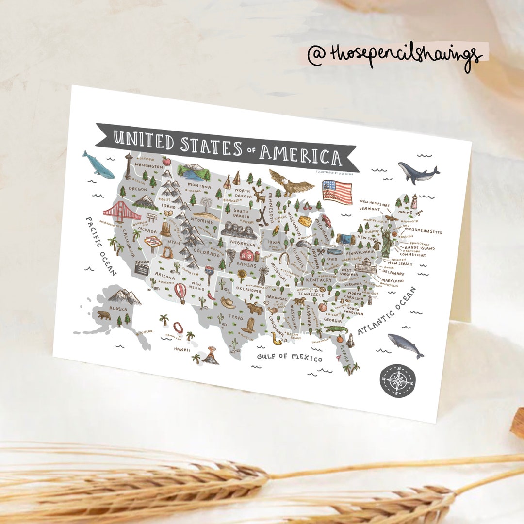 Map of USA Greeting Card Cute Illustrated United States Map Card ...