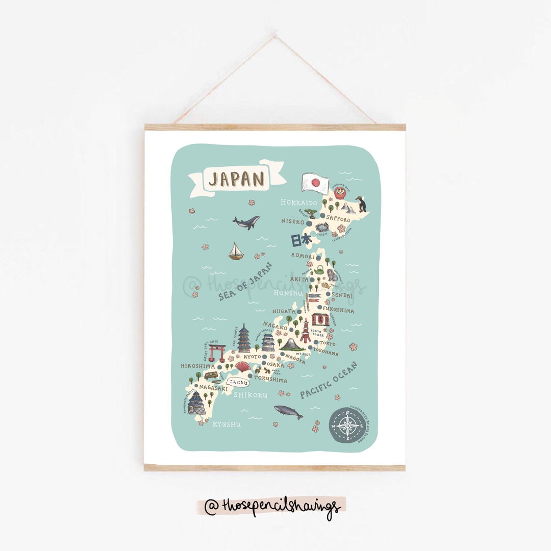 Japan Map Poster | Illustrated Travel Wall Art | Cute Japanese ...