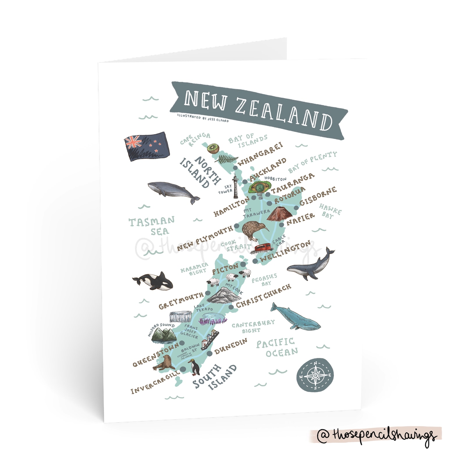 Map of New Zealand Greeting Card Cute Illustrated NZ Map Kiwiana ...