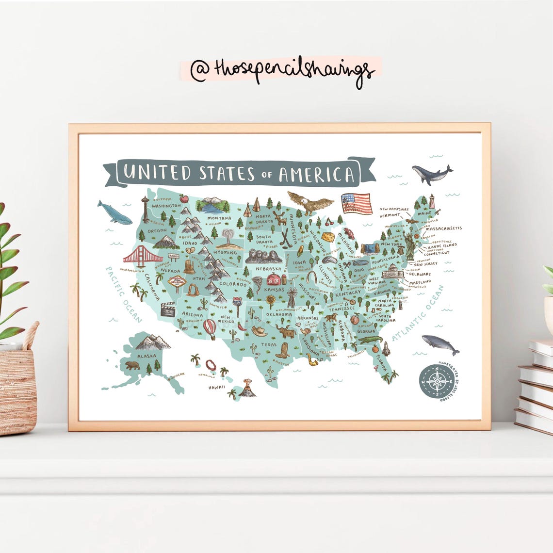Illustrated USA Map Print: Landmarks & Animals Wall Art - Etsy