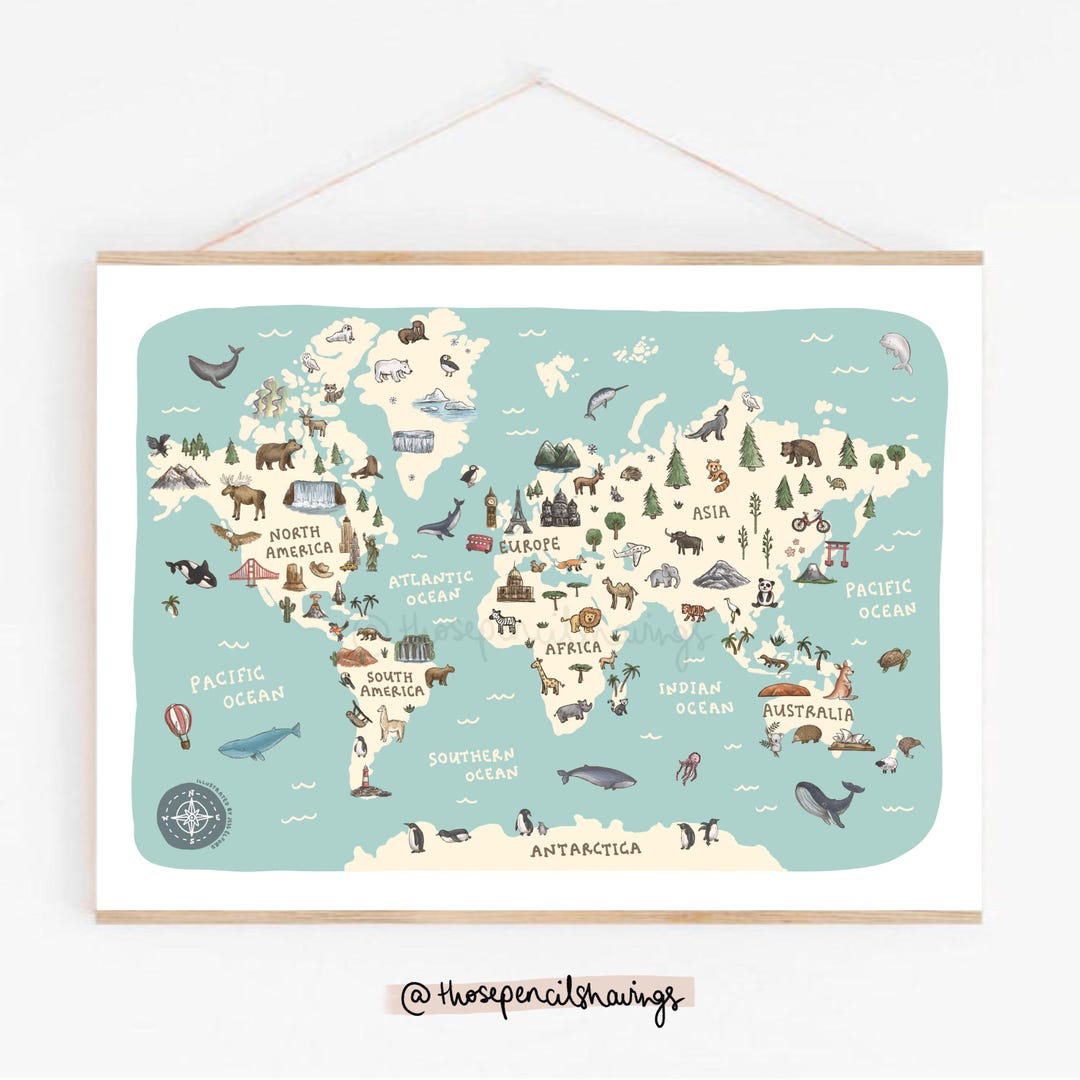 World Map Print | Illustrated Globe Wall Art Poster | Cute Landmarks ...