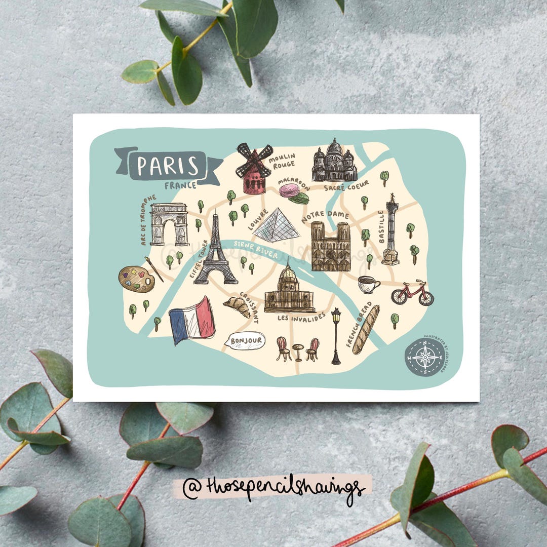 Paris Map Postcard: Illustrated French Travel Souvenir - Etsy