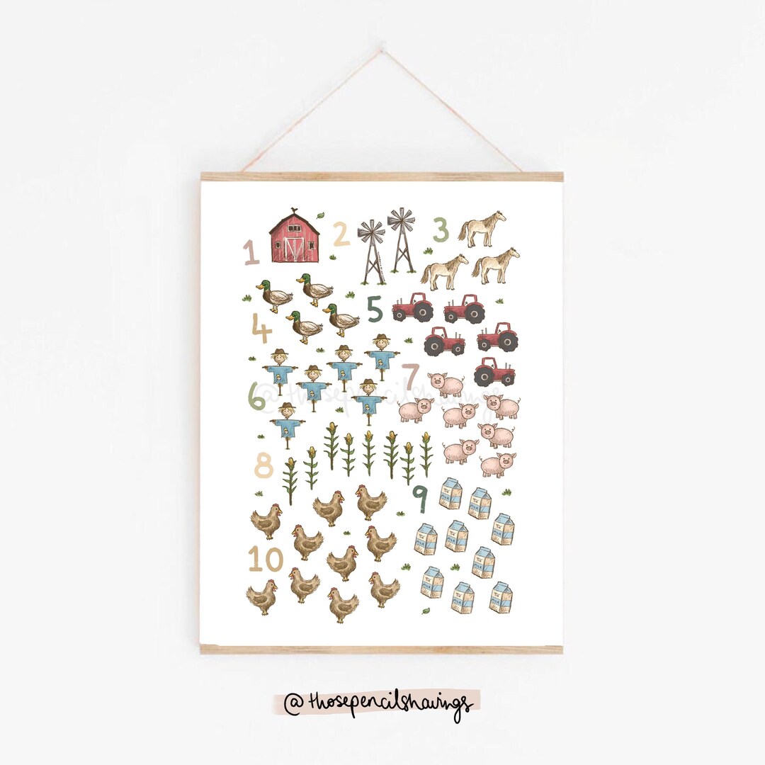 Farm Animals Numbers Print: Illustrated Counting Poster - Etsy