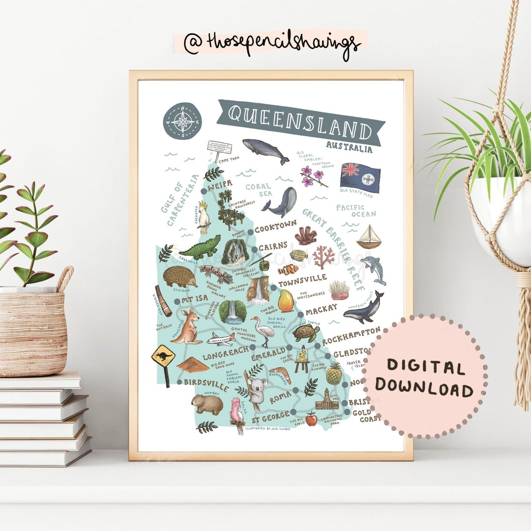 DIGITAL DOWNLOAD Map of Queensland Illustrated Australia Map Print Qld ...