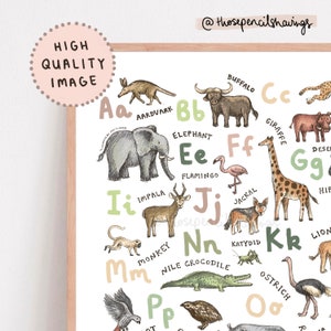 Safari Animals Alphabet Print Cute ABC Poster A-Z African Animals ...