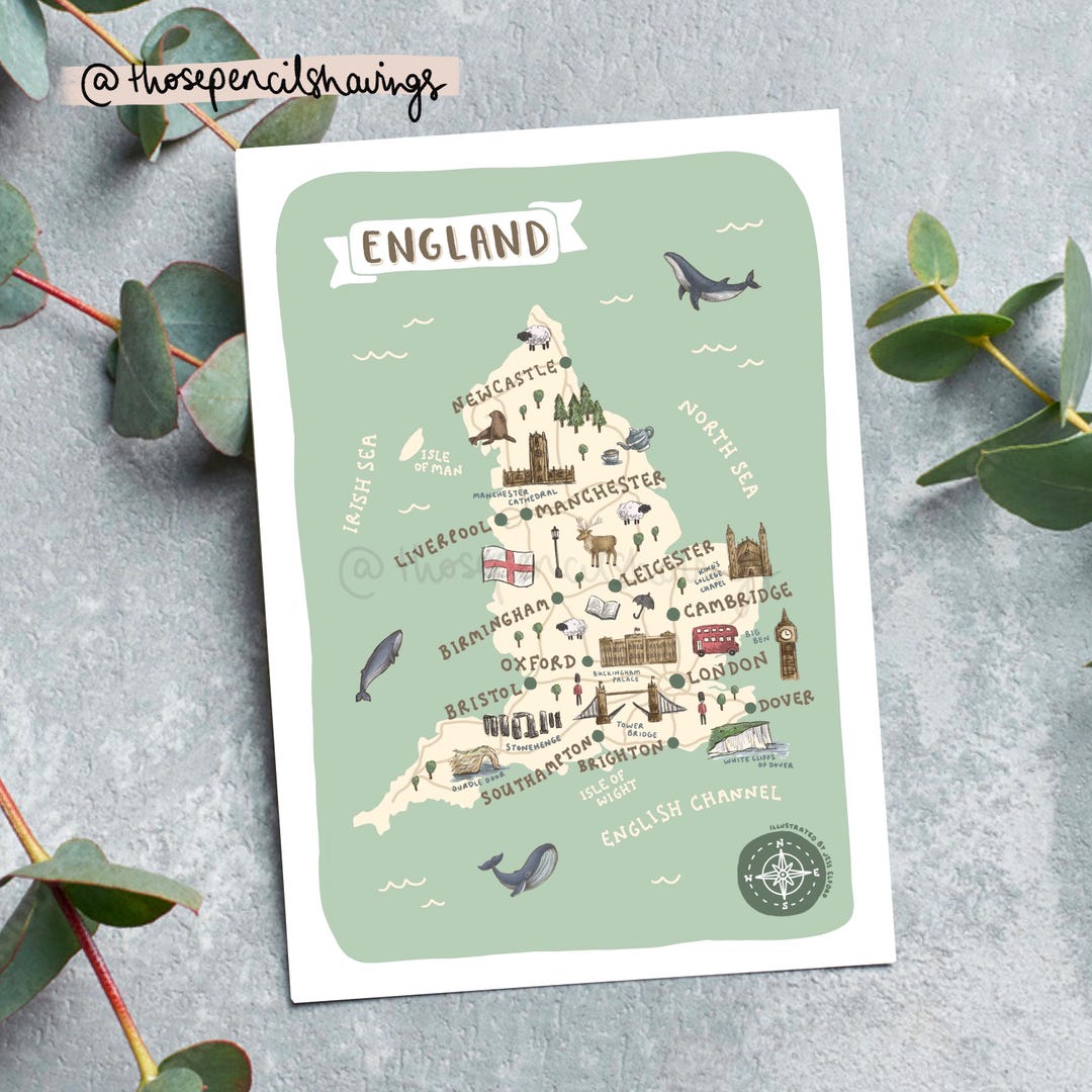 Map of England Postcard | Illustrated UK Map | English Map | Great Britain Landmarks | Travel ...