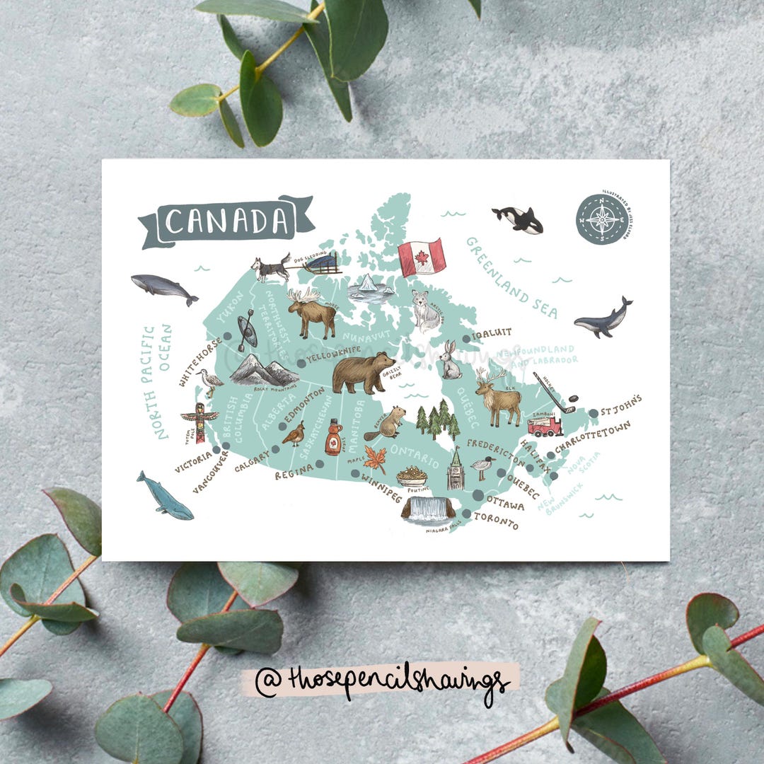 Canada Map Postcard: Illustrated Travel Souvenir - Etsy