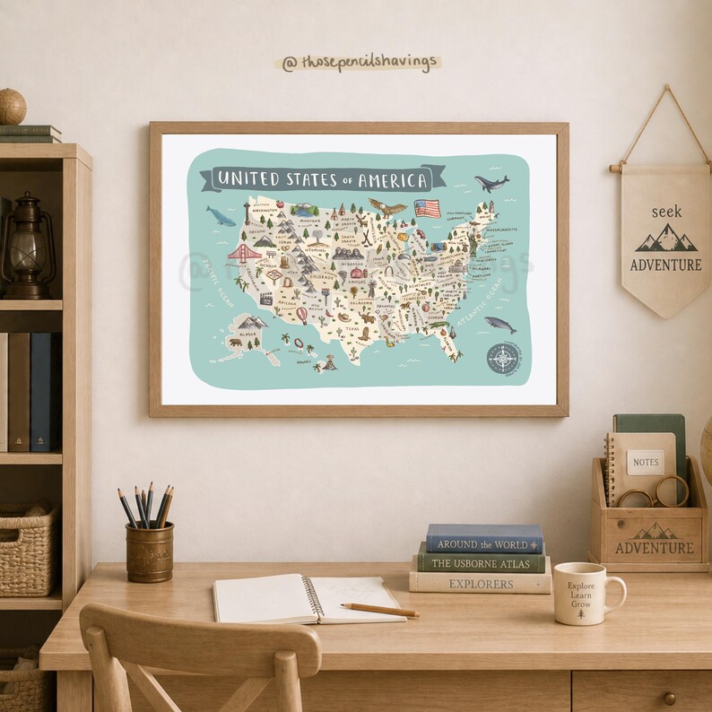 Illustrated USA Map Print | United States Landmarks Travel Wall Art - Etsy
