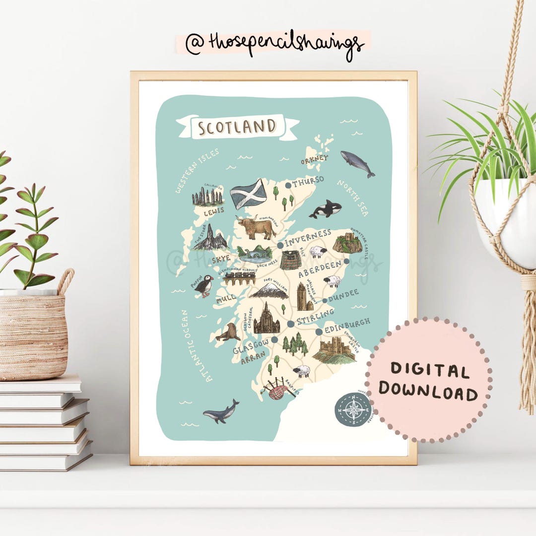DIGITAL DOWNLOAD | Map of Scotland | Illustrated Scottish Map Print ...