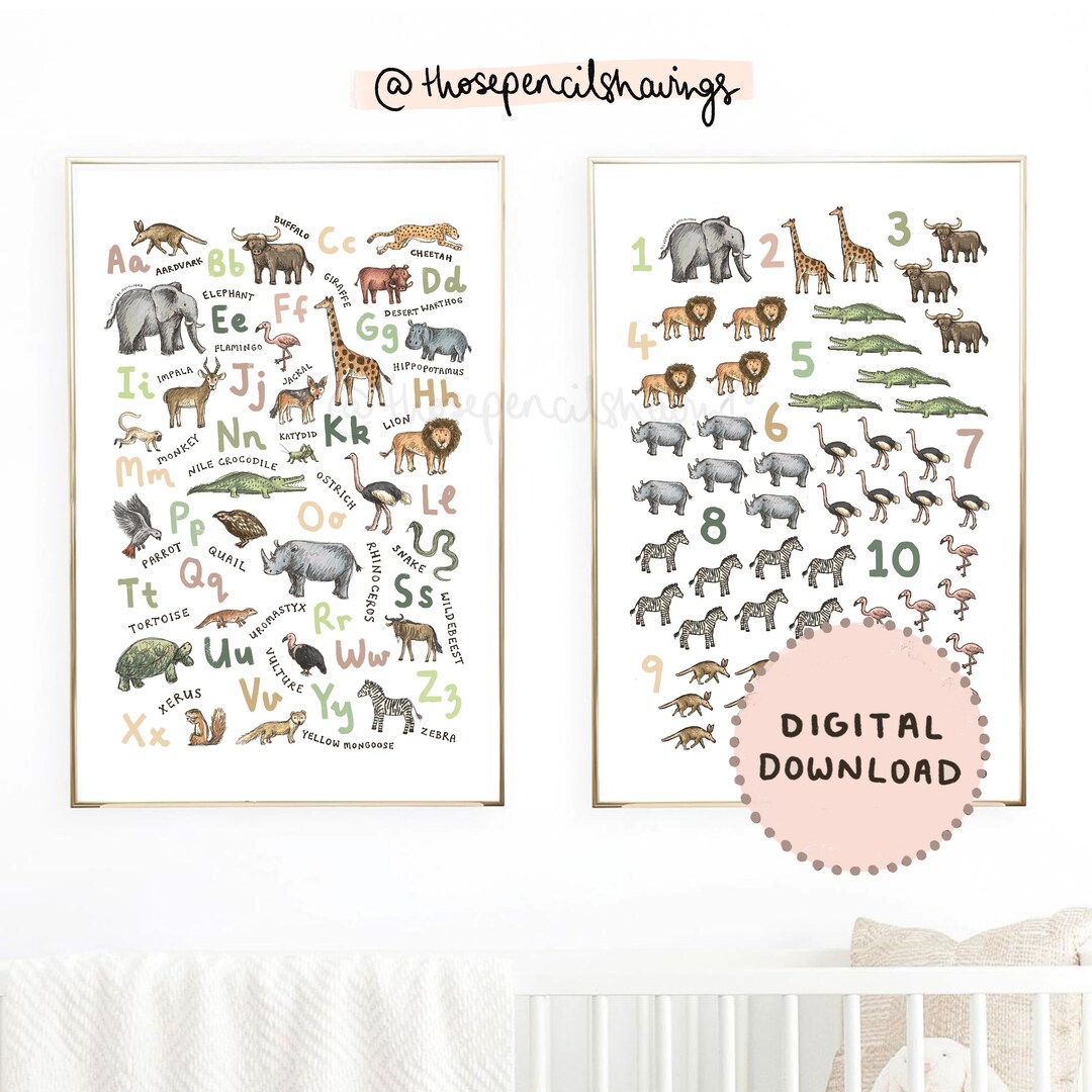 DIGITAL DOWNLOAD Safari Animals Alphabet and Numbers Prints ABC 123 ...