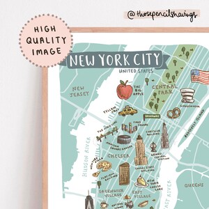 New York City Map Art Print: Illustrated NYC Landmarks Travel Poster - Etsy