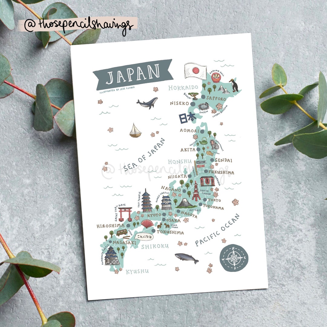 Map of Japan Postcard Cute Illustrated Japan Map Mini Print Japanese ...
