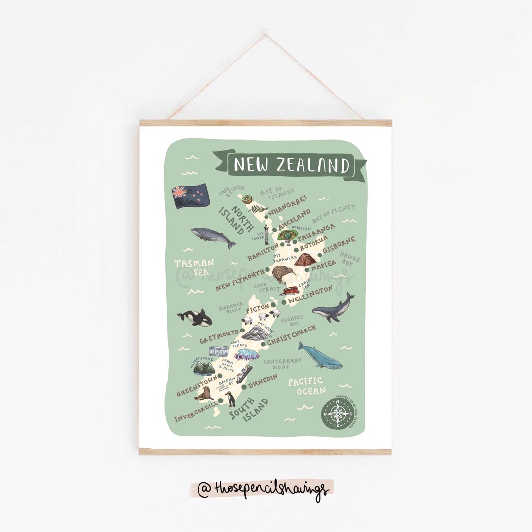 New Zealand Map Art Print: Illustrated Aotearoa Travel Souvenir - Etsy