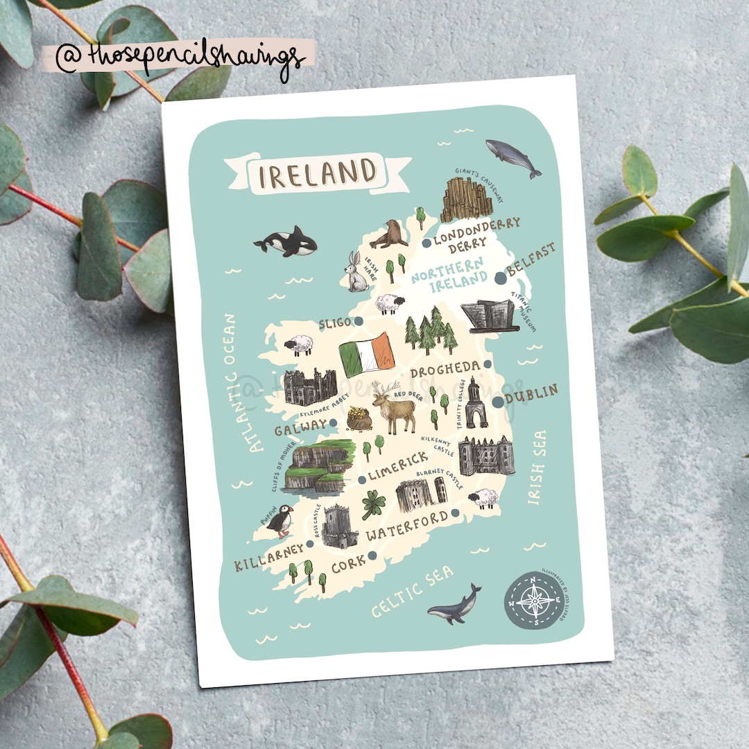 Ireland Map Postcard: Illustrated Irish Landmarks Travel Print - Etsy