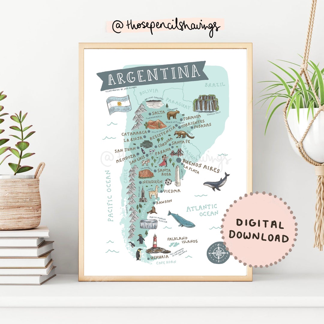 DIGITAL DOWNLOAD Map of Argentina Cute Illustrated South America Kids ...
