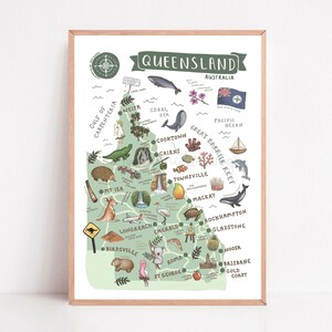 Queensland Map Print | Illustrated QLD Printable Wall Art | Cute Aussie ...