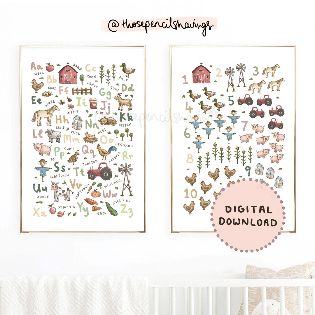 Farm Alphabet and Numbers Print ABC 123 Poster A-Z and Counting Nursery ...