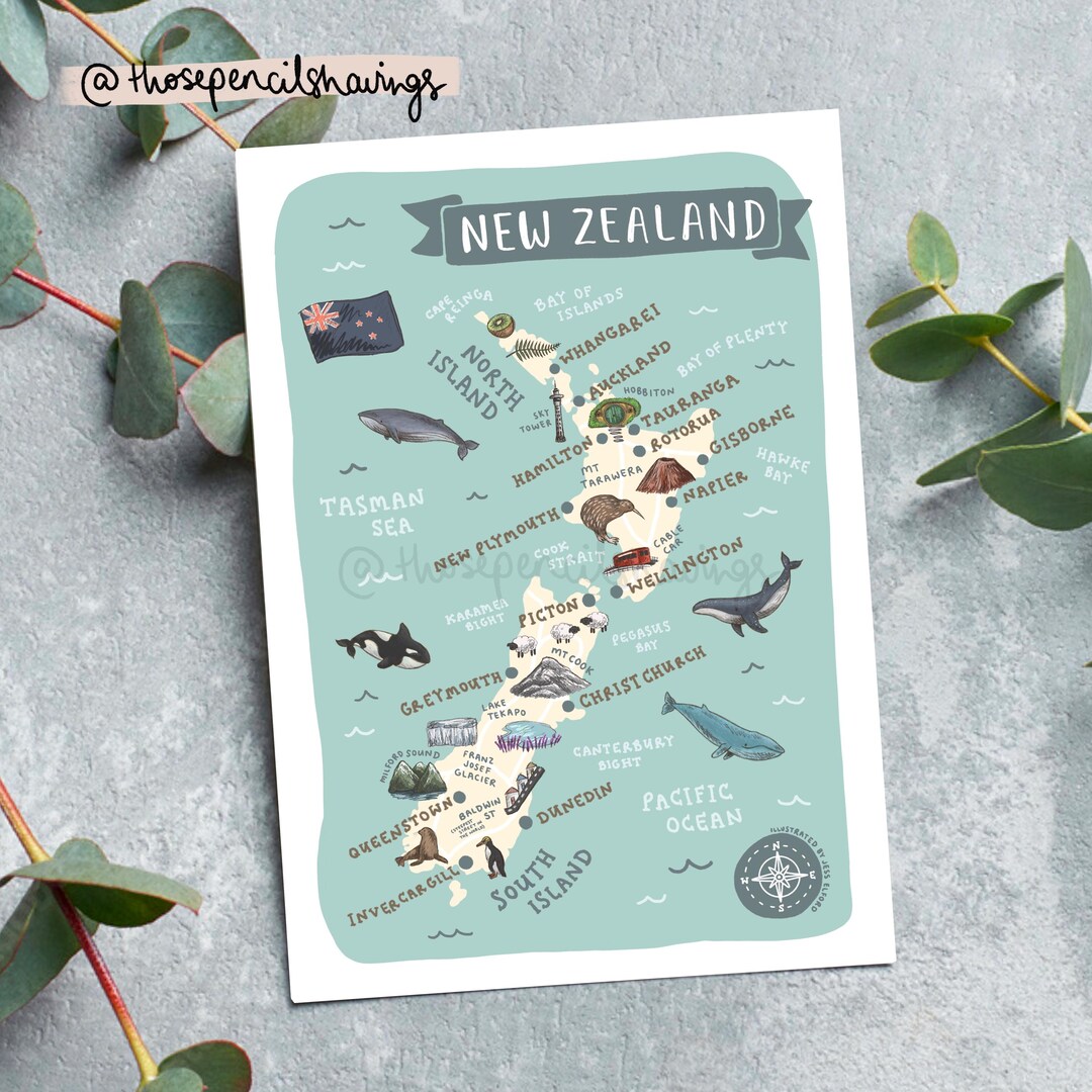 New Zealand Map Postcard: Illustrated Kiwi Travel Souvenir - Etsy