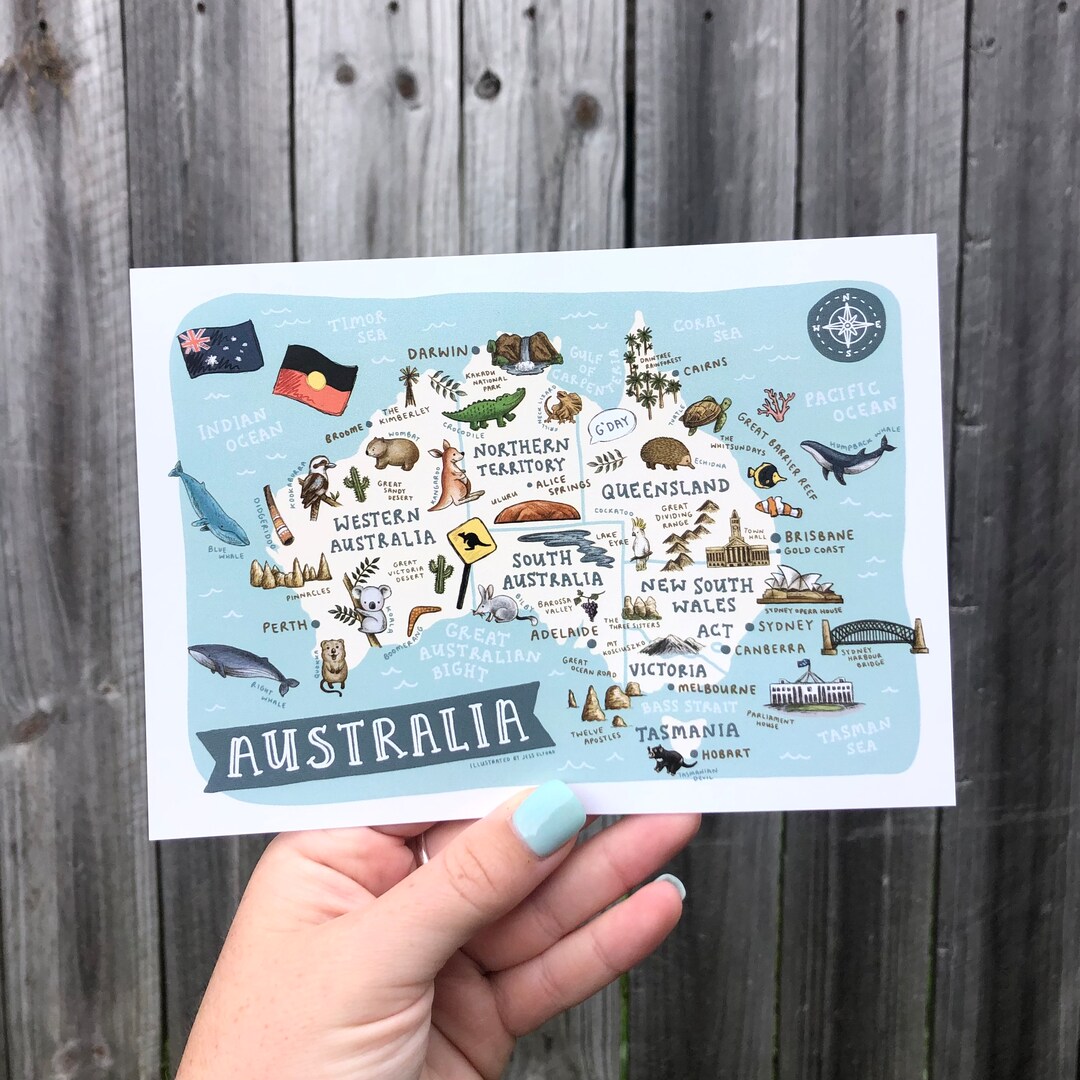 Map of Australia Postcard Cute Illustrated Australia Map - Etsy