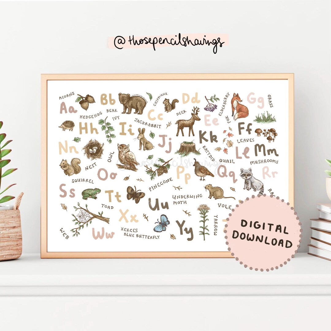 DIGITAL DOWNLOAD Woodland Animals Alphabet Print Illustrated ABC Poster ...