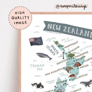 DIGITAL DOWNLOAD Map of New Zealand Cute Illustrated NZ Map Landmarks ...