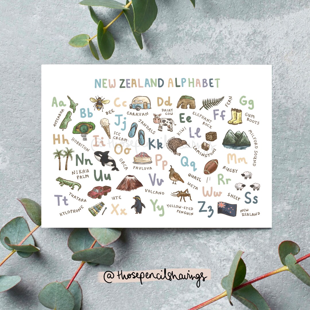 New Zealand Alphabet Postcard | Cute Illustrated A-Z Kiwiana Mini Print ...