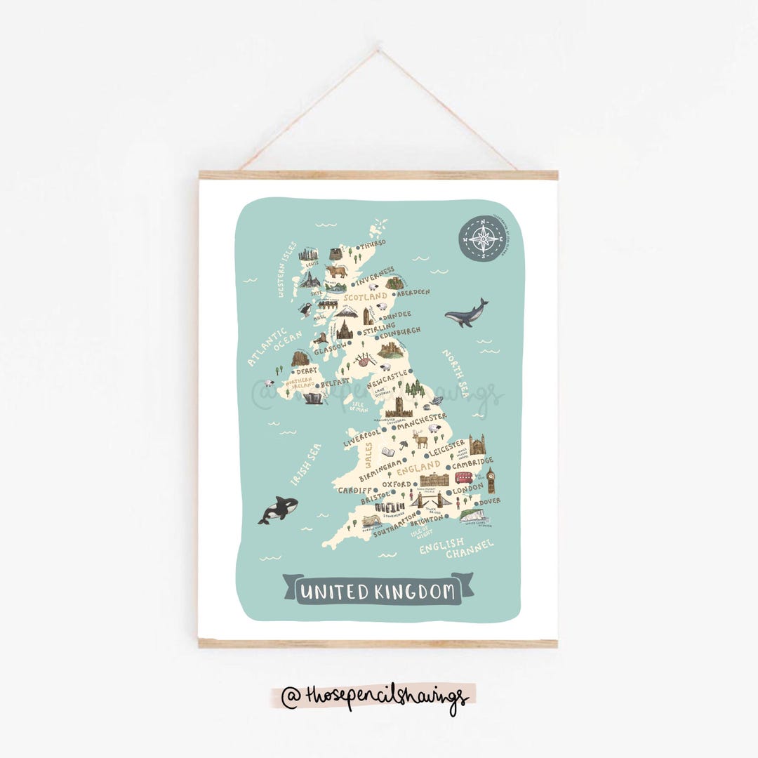 Map of United Kingdom | Illustrated UK Map Print | Cute Great Britain Landmarks | Nursery Decor ...